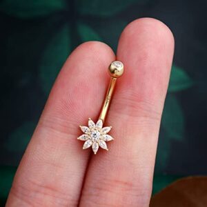 COCHARM 14K Solid Gold Belly Button Rings Gold 14K Real Gold Flower Belly Rings Yellow Gold Petal Navel Rings for Women 14K Gold Cute Belly Piercing Jewelry