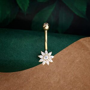 COCHARM 14K Solid Gold Belly Button Rings Gold 14K Real Gold Flower Belly Rings Yellow Gold Petal Navel Rings for Women 14K Gold Cute Belly Piercing Jewelry