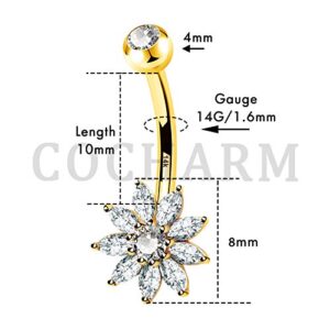 COCHARM 14K Solid Gold Belly Button Rings Gold 14K Real Gold Flower Belly Rings Yellow Gold Petal Navel Rings for Women 14K Gold Cute Belly Piercing Jewelry