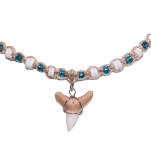 BlueRica Shark Tooth on Hemp Choker Necklace with Blue Beads and Puka Shells (3L)