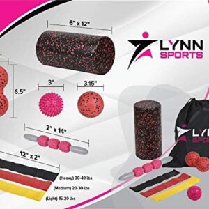 LYNN SPORTS High Density Exercise Foam Roller Set Kit | 8 in 1 + Tote Bag (EVA Muscle Roller ick, 3 Massage Balls & 3 Resiance Loop Bands) - Physical Therapy Injury Prevention Deep Tissue Massage,Pink