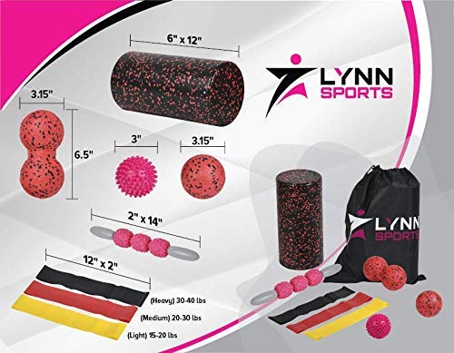 LYNN SPORTS High Density Exercise Foam Roller Set Kit | 8 in 1 + Tote Bag (EVA Muscle Roller ick, 3 Massage Balls & 3 Resiance Loop Bands) - Physical Therapy Injury Prevention Deep Tissue Massage,Pink