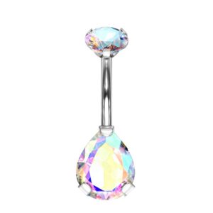 pierced owl 14g implant grade titanium internally threaded top prong set double cz pear navel belly button ring (aurora borealis)