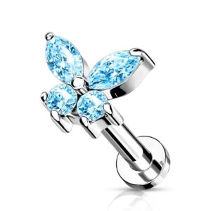 dynamique cz butterfly top on internally threaded 316l surgical steel flat back studs for labret, monroe and cartilage (sold per piece)