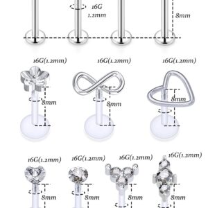 Vsnnsns 16G Lip Rings Stainless Steel Opal Labret Monroe Lip Rings Nail Cartilage Tragus Helix Earrings Studs Ring Medusa Piercing Jewelry Retainer For Women Men Silver 8mm 28PCS