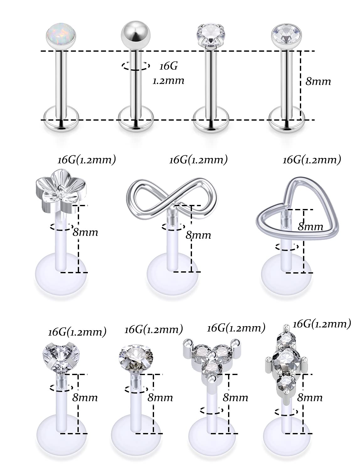 Vsnnsns 16G Lip Rings Stainless Steel Opal Labret Monroe Lip Rings Nail Cartilage Tragus Helix Earrings Studs Ring Medusa Piercing Jewelry Retainer For Women Men Silver 8mm 28PCS