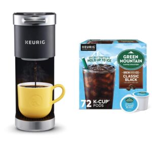 keurig k-mini plus coffee maker with green mountain coffee roasters brew over ice classic black, 72 count