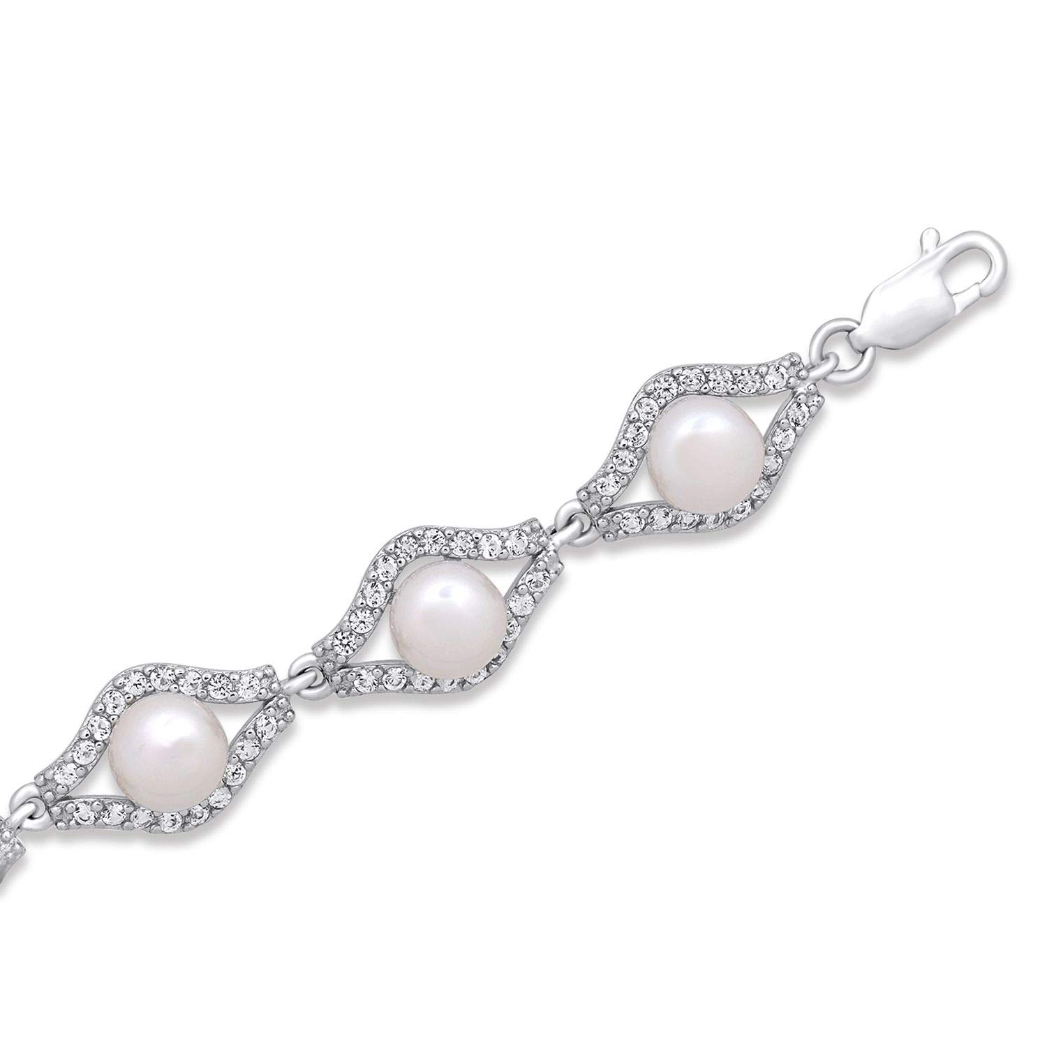 Jewelili Bracelet Sterling Silver with 7MM White Pearl and Created Round White Sapphire, 7.75"