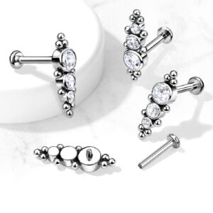 Pierced Owl 16G Implant Grade Titanium Internally Threaded Descending Triple Round CZ Crystal and Ball Clusters Flat Back Labret Monroe Lip Cartilage Helix Ear Lobe Stud (Barbell Length: 8mm (5/16"))