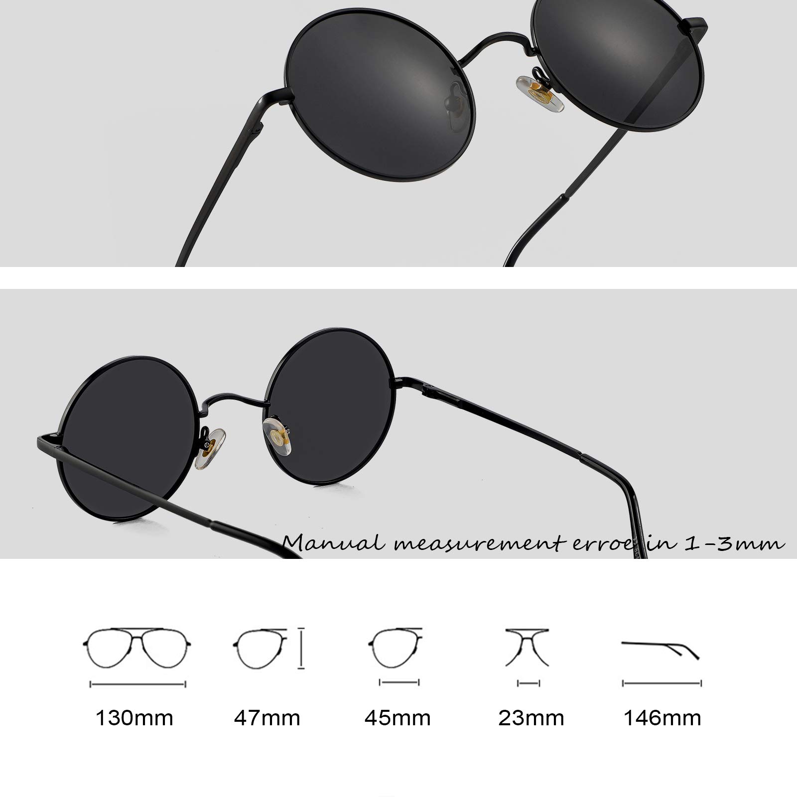 Retro Small Round Polarized Sunglasses for Men Women Circle Hippie Style Sun Glasses (Black Frame/Black Lens)