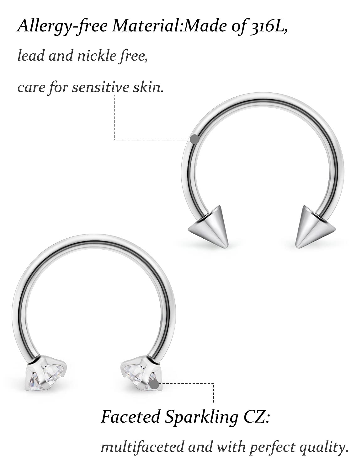 Vsnnsns 16G Surgical Steel Horseshoe Nose Septum Rings Piercing Jewelry Cartilage Helix Tragus Earring Studs Hoop Lip Horseshoe Ring Piercing Jewelry Retainer for Women Men 10mm 40pcs