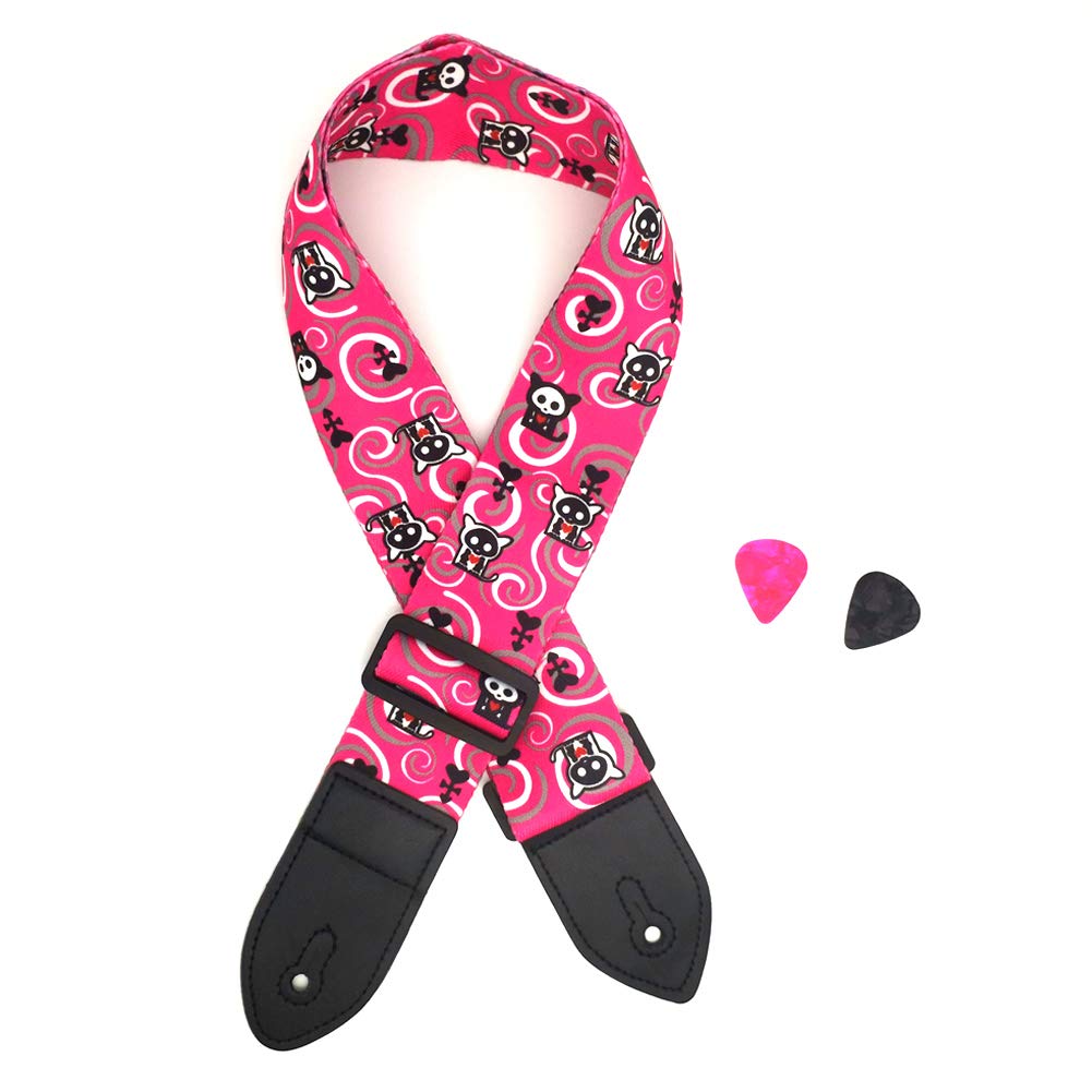 C/R Guitar Strap, Acoustic Guitar Strap Electric Guitar Straps with Leather Ends (Pink Skeleton)