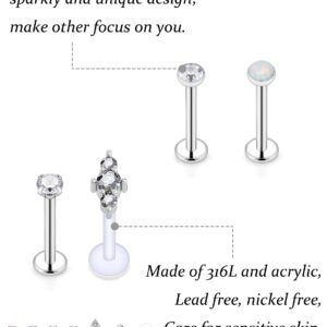 Vsnnsns 16G Lip Rings Stainless Steel Opal Labret Monroe Lip Rings Nail Cartilage Tragus Helix Earrings Studs Ring Medusa Piercing Jewelry Retainer For Women Men Silver 8mm 28PCS