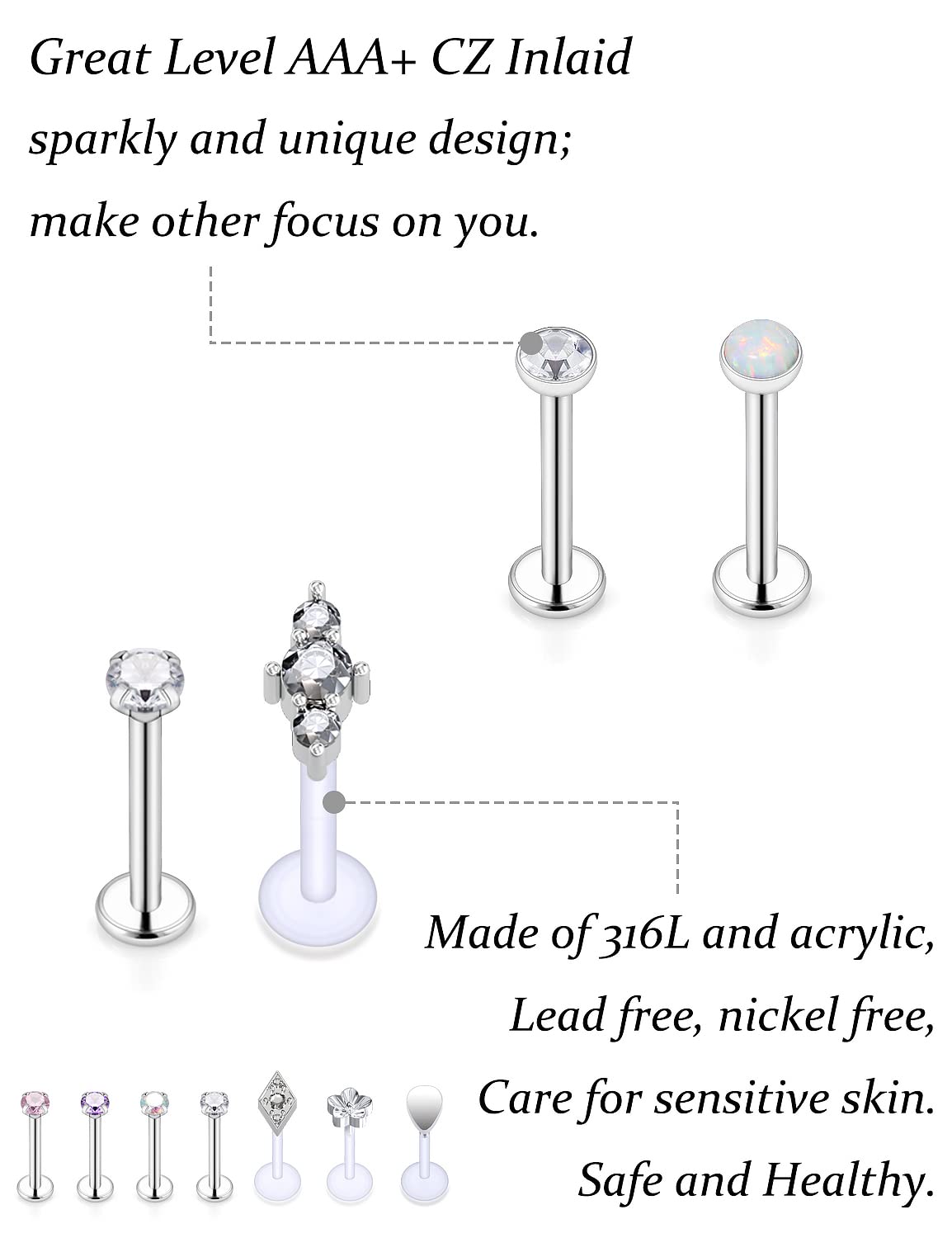 Vsnnsns 16G Lip Rings Stainless Steel Opal Labret Monroe Lip Rings Nail Cartilage Tragus Helix Earrings Studs Ring Medusa Piercing Jewelry Retainer For Women Men Silver 8mm 28PCS