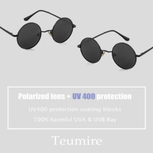 Retro Small Round Polarized Sunglasses for Men Women Circle Hippie Style Sun Glasses (Black Frame/Black Lens)