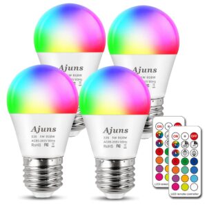 ajuns color changing light bulbs 5w equivalent 40w rgb led light bulbs, with remote control e26 led rgbw bulb dimmable, suitable for family, stage party, 4 packs