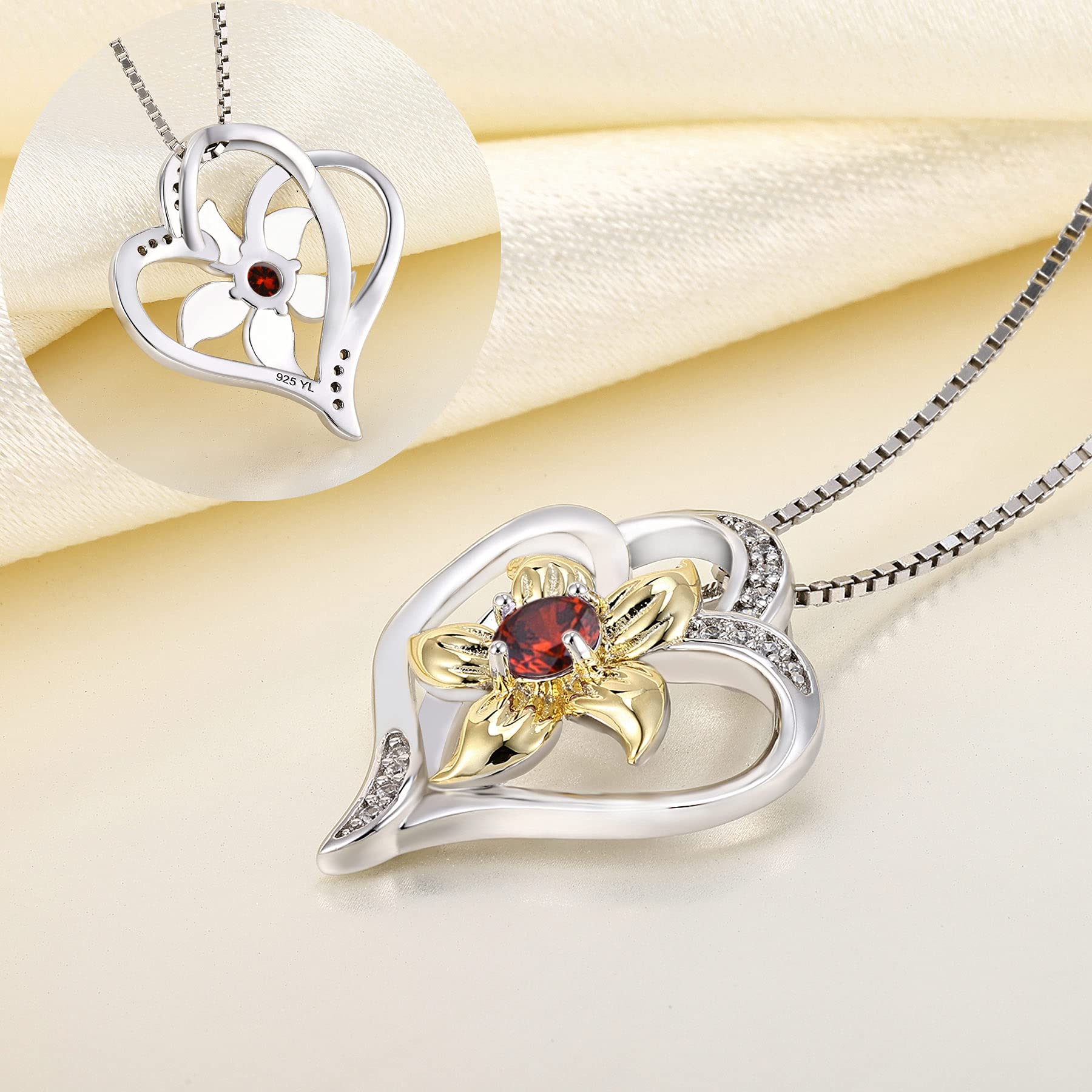 YL Women's Heart Necklace Sterling Silver Lily Flower Love Pendant 18k White Gold Created Garnet Jewelry