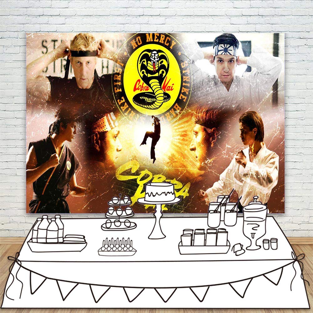 JMING Cobra Kai Poster Backdrop for Party Supplies 7x5ft Vinyl Cobra Kai Birthday Decorations Party Banner Dessert Table Room Wall Decor Photo Booth Studio Background Props