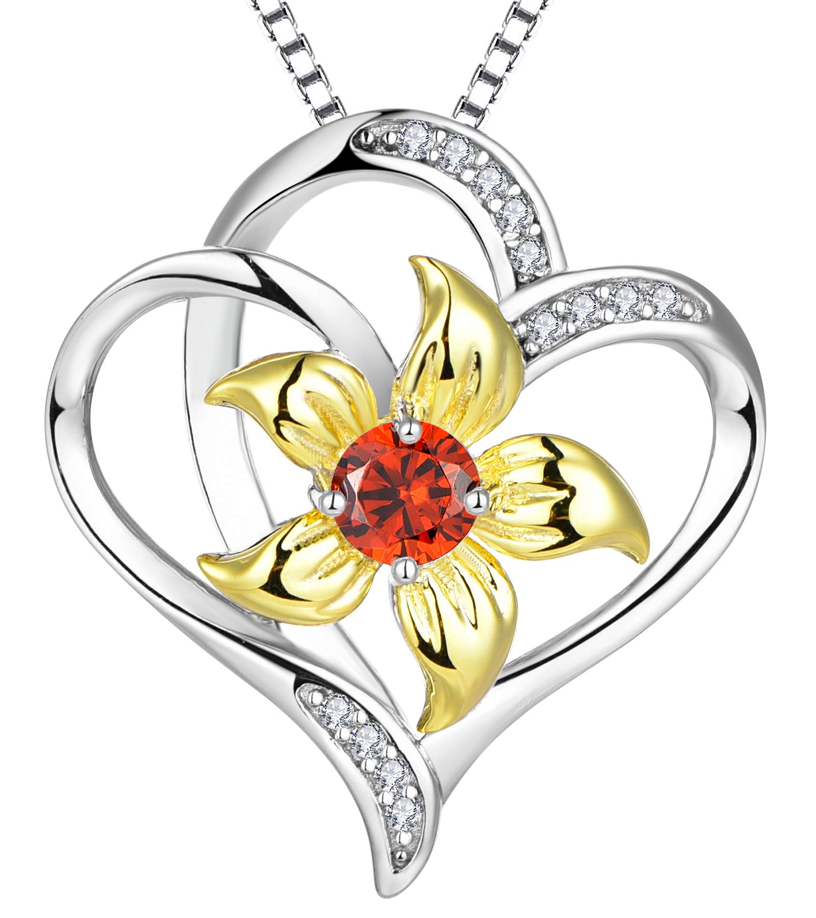 YL Women's Heart Necklace Sterling Silver Lily Flower Love Pendant 18k White Gold Created Garnet Jewelry