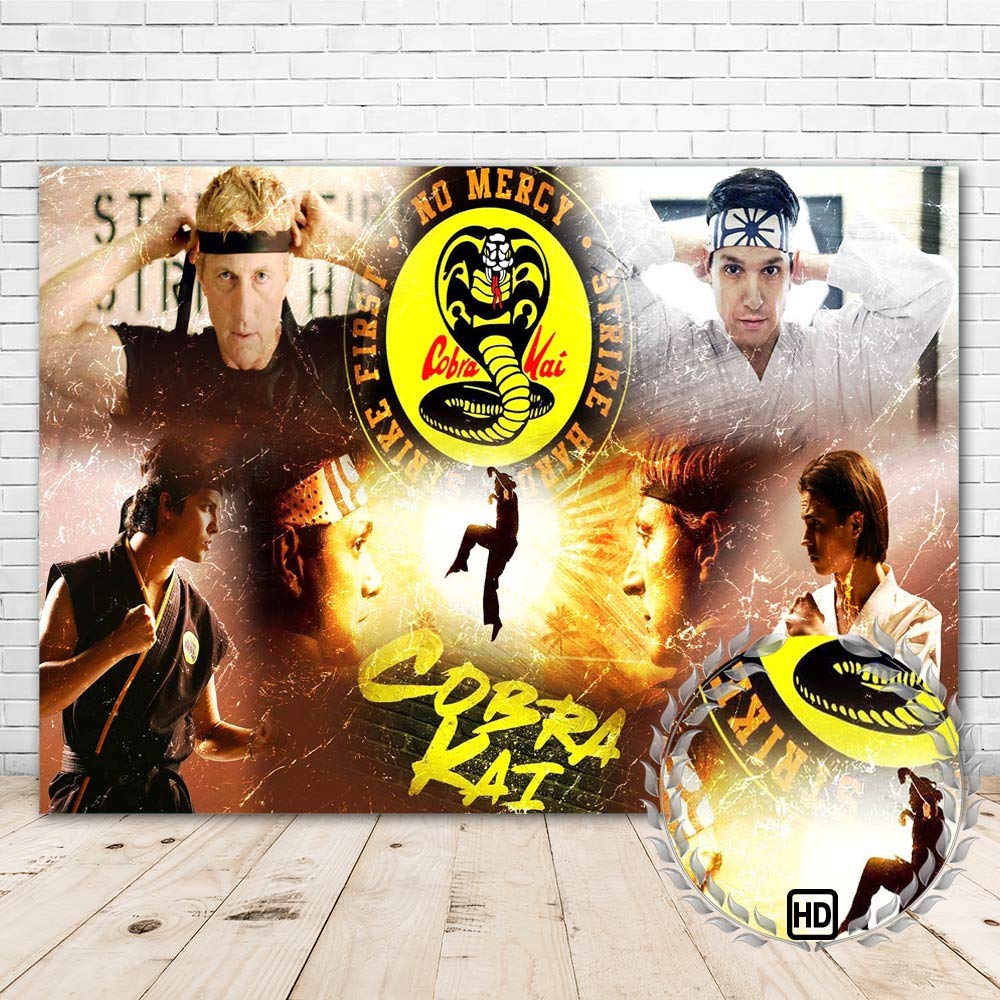 JMING Cobra Kai Poster Backdrop for Party Supplies 7x5ft Vinyl Cobra Kai Birthday Decorations Party Banner Dessert Table Room Wall Decor Photo Booth Studio Background Props