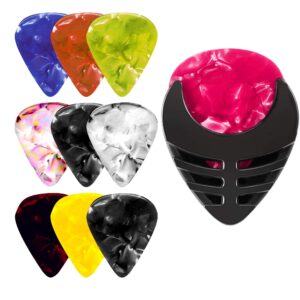 performore 10 pcs of guitar picks with 1-pc guitar random color holder for acoustic electric guitar bass ukulele, multicolor picks for every guitarist with stick-on holder adhesive back