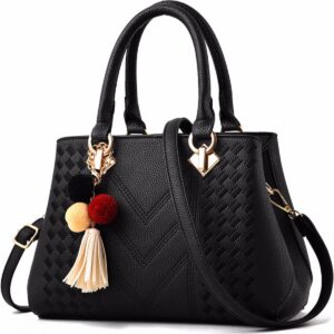 younxsl womens leather handbags purses top-handle totes satchel shoulder bag for ladies with pompon and tassel black