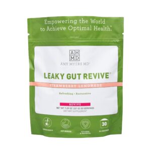 amy myers md leaky gut revive powder for gut repair -l glutamine, slippery elm -supports constipation, diarrhea, bloating, heartburn, sibo -licorice & marshmallow root -strawberry lemonade- 7.09 oz