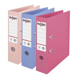 rexel pastel plastic a4 lever arch files, 3 file folders, assorted; pink, blue & peach