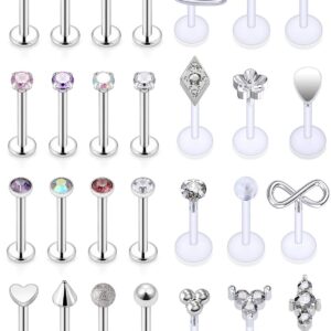 Vsnnsns 16G Lip Rings Stainless Steel Opal Labret Monroe Lip Rings Nail Cartilage Tragus Helix Earrings Studs Ring Medusa Piercing Jewelry Retainer For Women Men Silver 8mm 28PCS