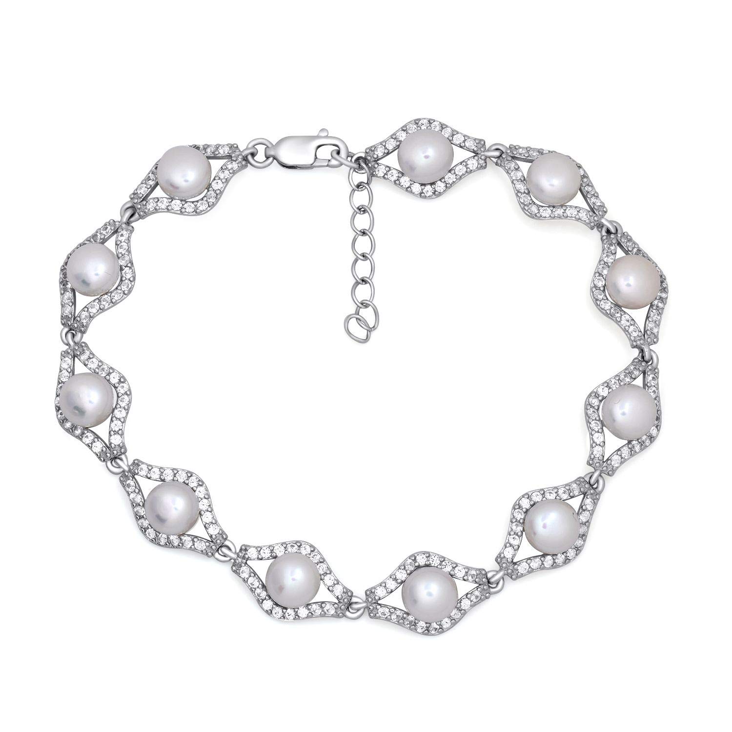 Jewelili Bracelet Sterling Silver with 7MM White Pearl and Created Round White Sapphire, 7.75"