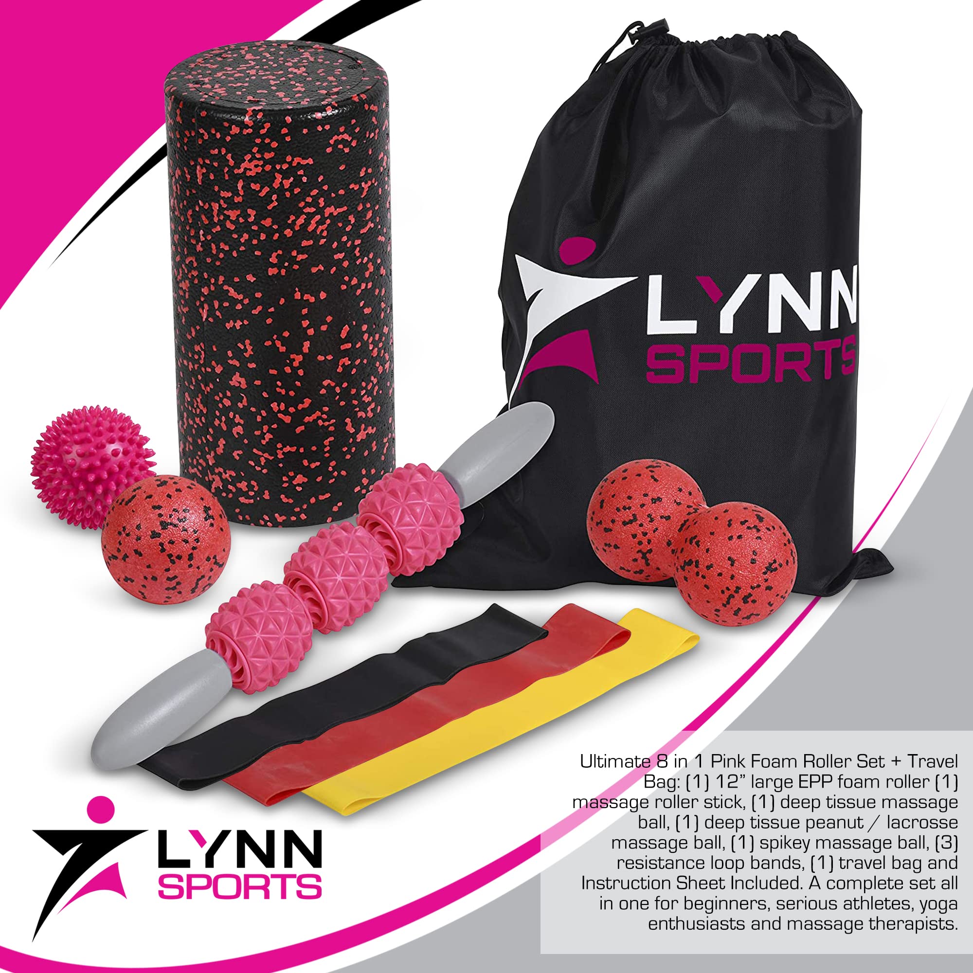 LYNN SPORTS High Density Exercise Foam Roller Set Kit | 8 in 1 + Tote Bag (EVA Muscle Roller ick, 3 Massage Balls & 3 Resiance Loop Bands) - Physical Therapy Injury Prevention Deep Tissue Massage,Pink