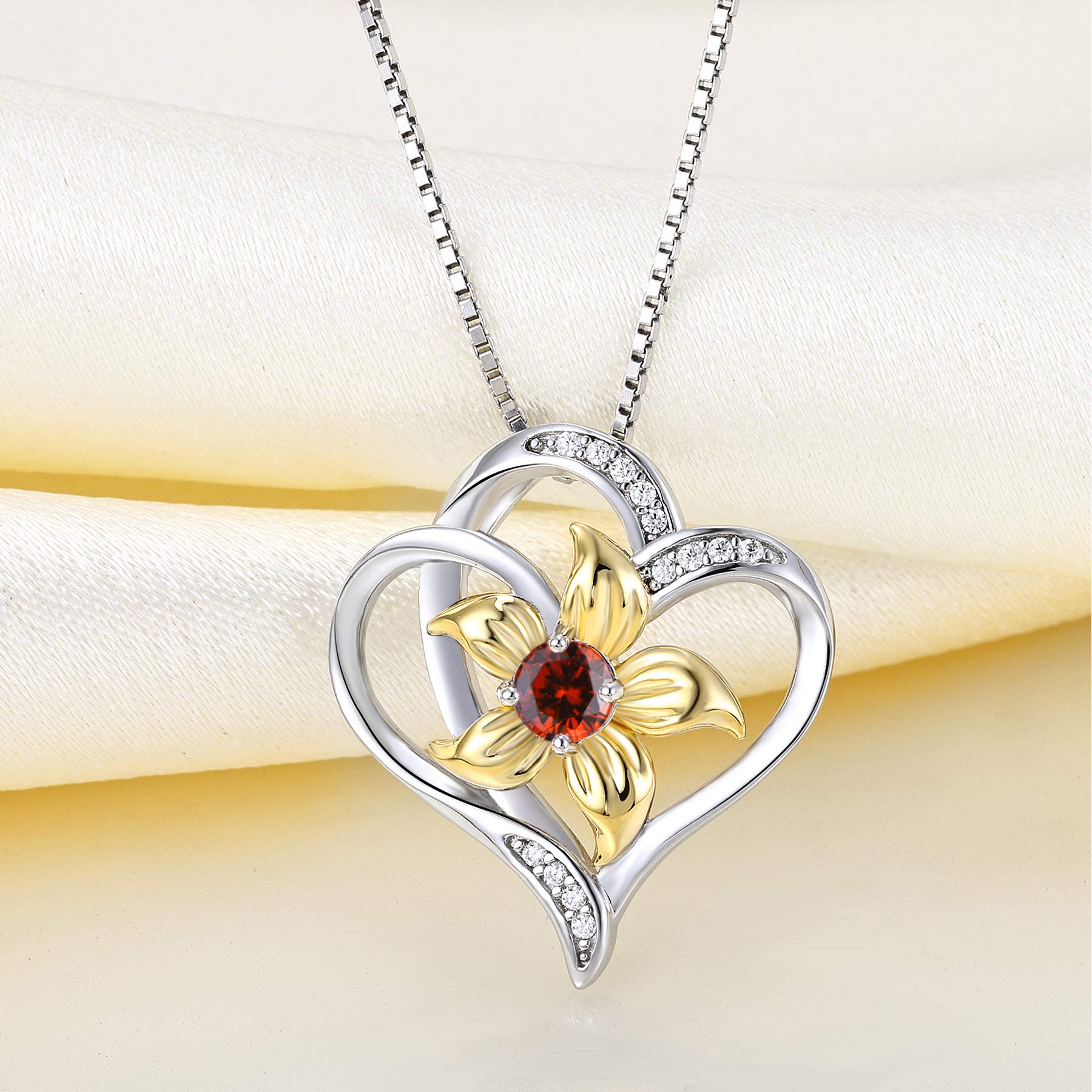 YL Women's Heart Necklace Sterling Silver Lily Flower Love Pendant 18k White Gold Created Garnet Jewelry