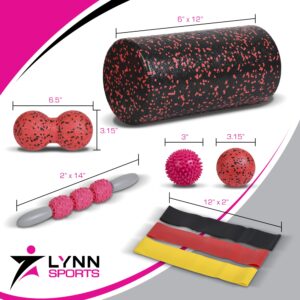 LYNN SPORTS High Density Exercise Foam Roller Set Kit | 8 in 1 + Tote Bag (EVA Muscle Roller ick, 3 Massage Balls & 3 Resiance Loop Bands) - Physical Therapy Injury Prevention Deep Tissue Massage,Pink