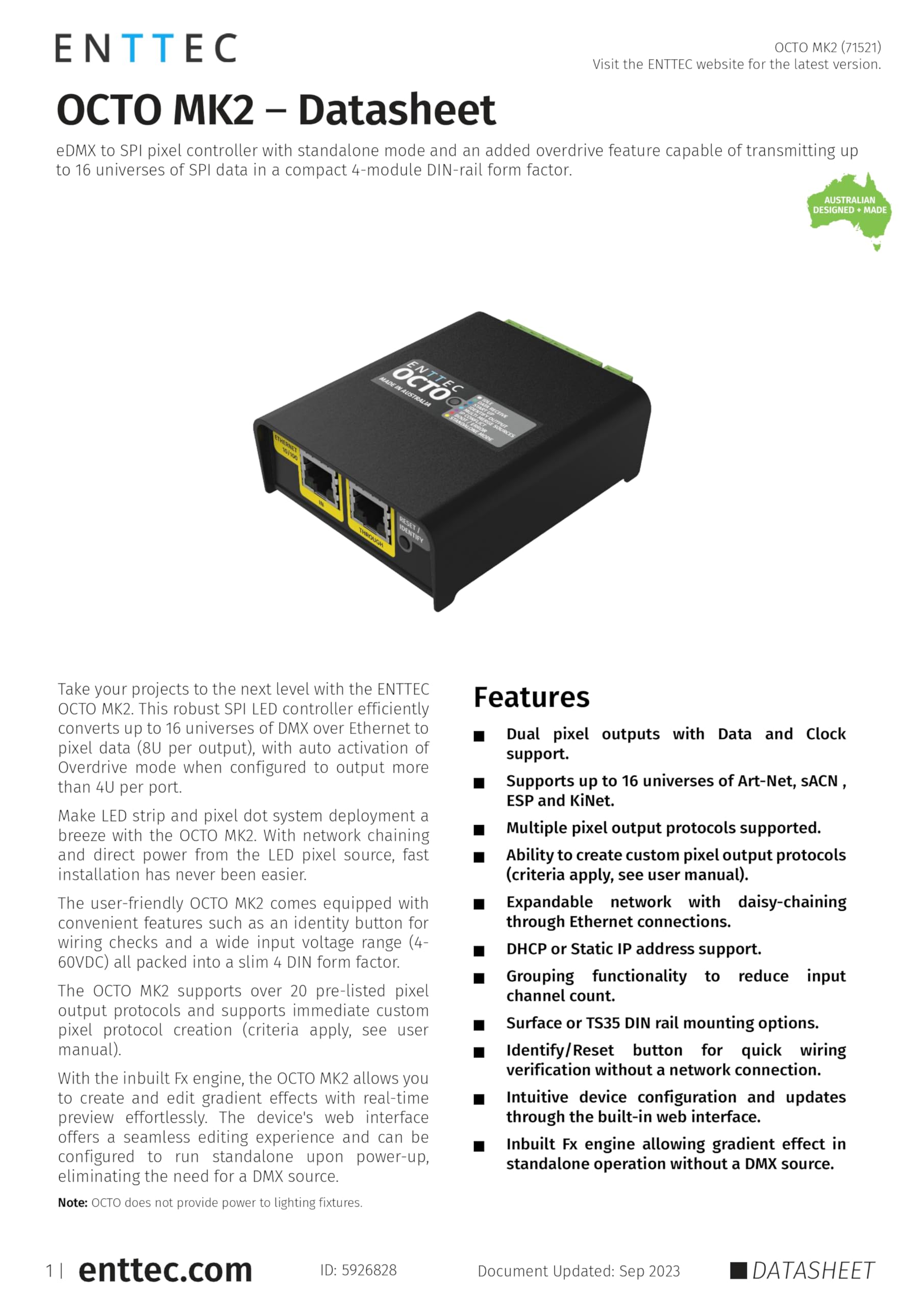 Enttec OCTO Mk2 71521 8 Universe DIN Rail EDMX to LED Pixel Converter & Controller - DMX Over Ethernet