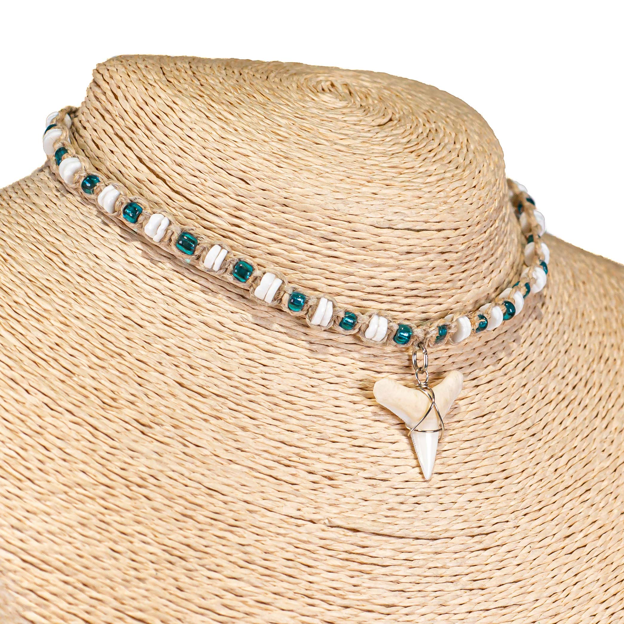 BlueRica Shark Tooth on Hemp Choker Necklace with Blue Beads and Puka Shells (3L)