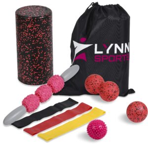 lynn sports high density exercise foam roller set kit | 8 in 1 + tote bag (eva muscle roller ick, 3 massage balls & 3 resiance loop bands) - physical therapy injury prevention deep tissue massage,pink