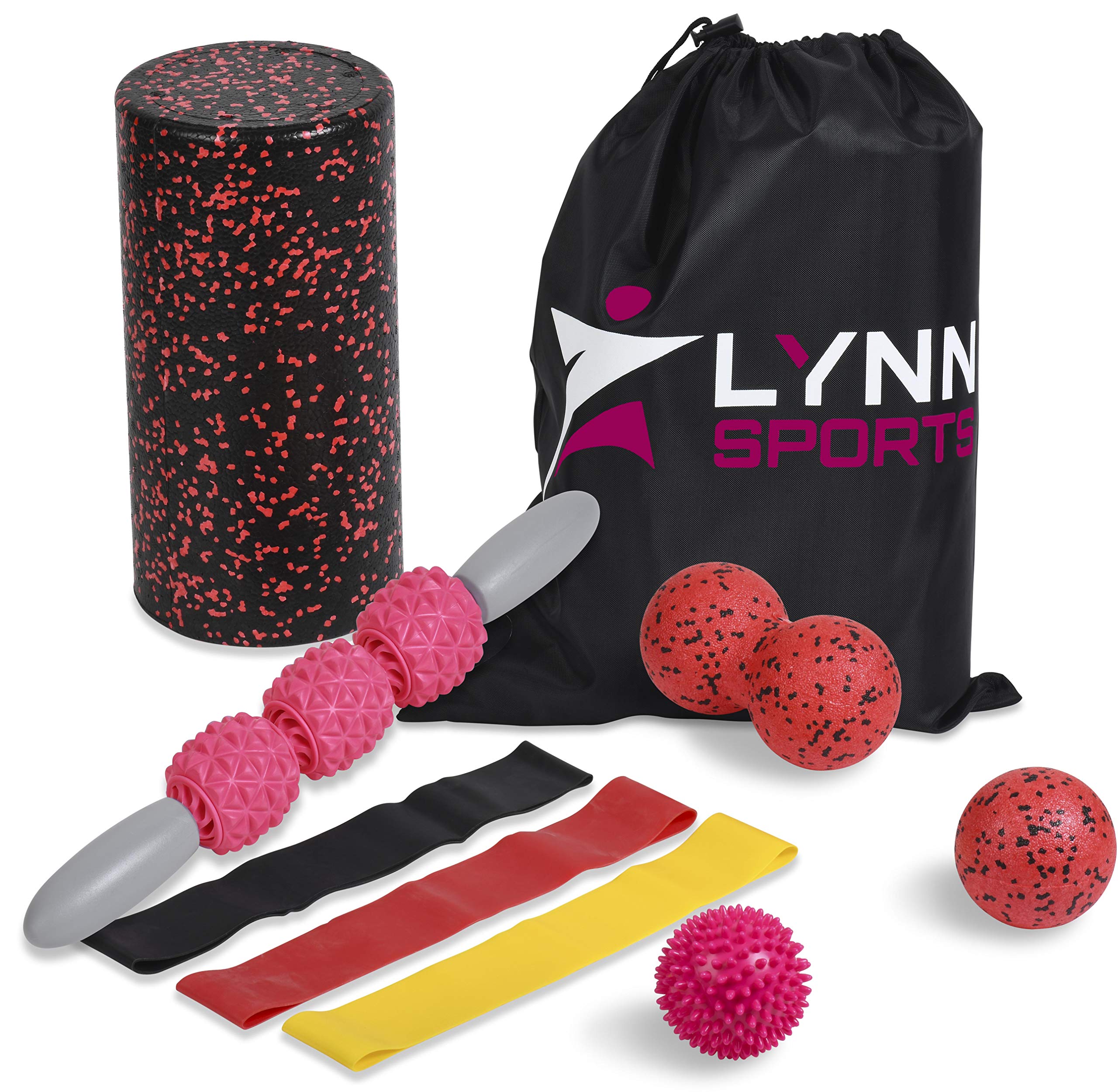 LYNN SPORTS High Density Exercise Foam Roller Set Kit | 8 in 1 + Tote Bag (EVA Muscle Roller ick, 3 Massage Balls & 3 Resiance Loop Bands) - Physical Therapy Injury Prevention Deep Tissue Massage,Pink