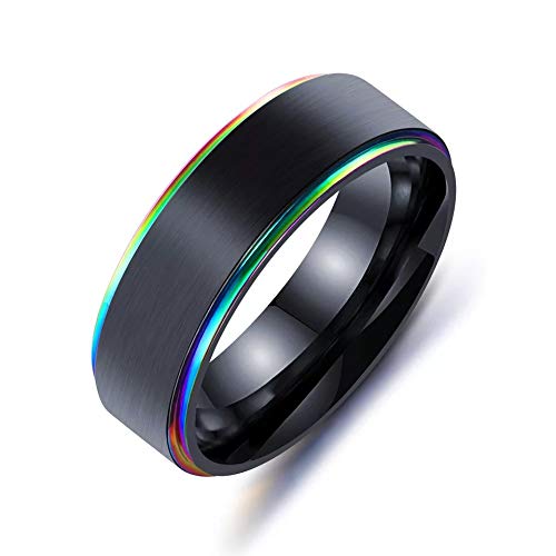 MZZJ Sun and Moon Friendship Lover 8MM&6MM Black Brushed 2 Tone Stainless Steel Rainbow Step Edge Wedding Band Engagement Matching Ring for Him Her,Anniversary Birthday Gift