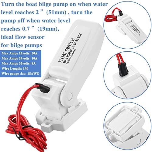 Boat Bilge Water Pump 12 V 1100 GPH Electric Marine Bilge Pump and Automatic Boat Bilge Pump Float Switch 12 V 24 V 32 V for Boats, 2 Pieces in Total