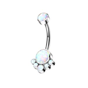 pierced owl 14g implant grade titanium internally threaded top round bezel set synthetic opal cluster navel belly button ring (opal white)