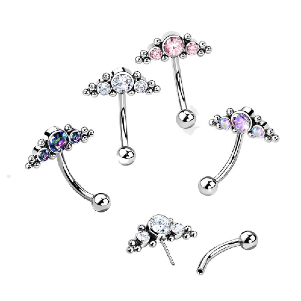 Pierced Owl 16GA G23 Implant Grade Titanium Threadless CZ Crystal and Ball Clusters Eyebrow Curved Barbell (Aurora Borealis)