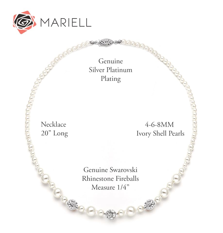 Mariell Pearl Necklace for Brides with Rhinestone Crystal Fireball Accents, 20", Bridal & Wedding Jewelry