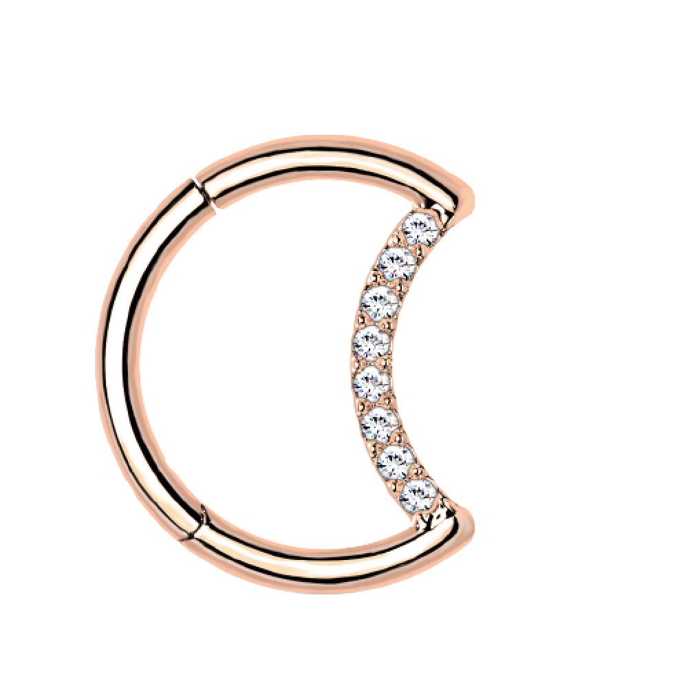 Pierced Owl 16GA G23 Implant Grade Titanium CZ Crystal Paved Crescent Moon Shaped Hinged Segment Ring (Rose Gold Tone/Clear)