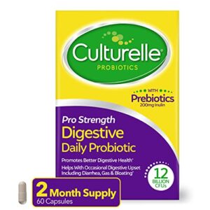 culturelle pro strength daily probiotics for digestive health (2 month supply) with prebiotics for women & men, supports occasional diarrhea, gas & bloating, gluten & soy free, 60 count