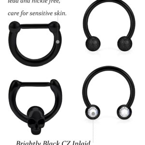 Vsnnsns 16G Septum Jewelry Septum Ring Piercing Jewelry Septum Clicker Ring and Horseshoe Barbell Stainless Steel Captive Bead Ring Septum Nose Rings Hoop for Men Women Black 10mm 12pcs