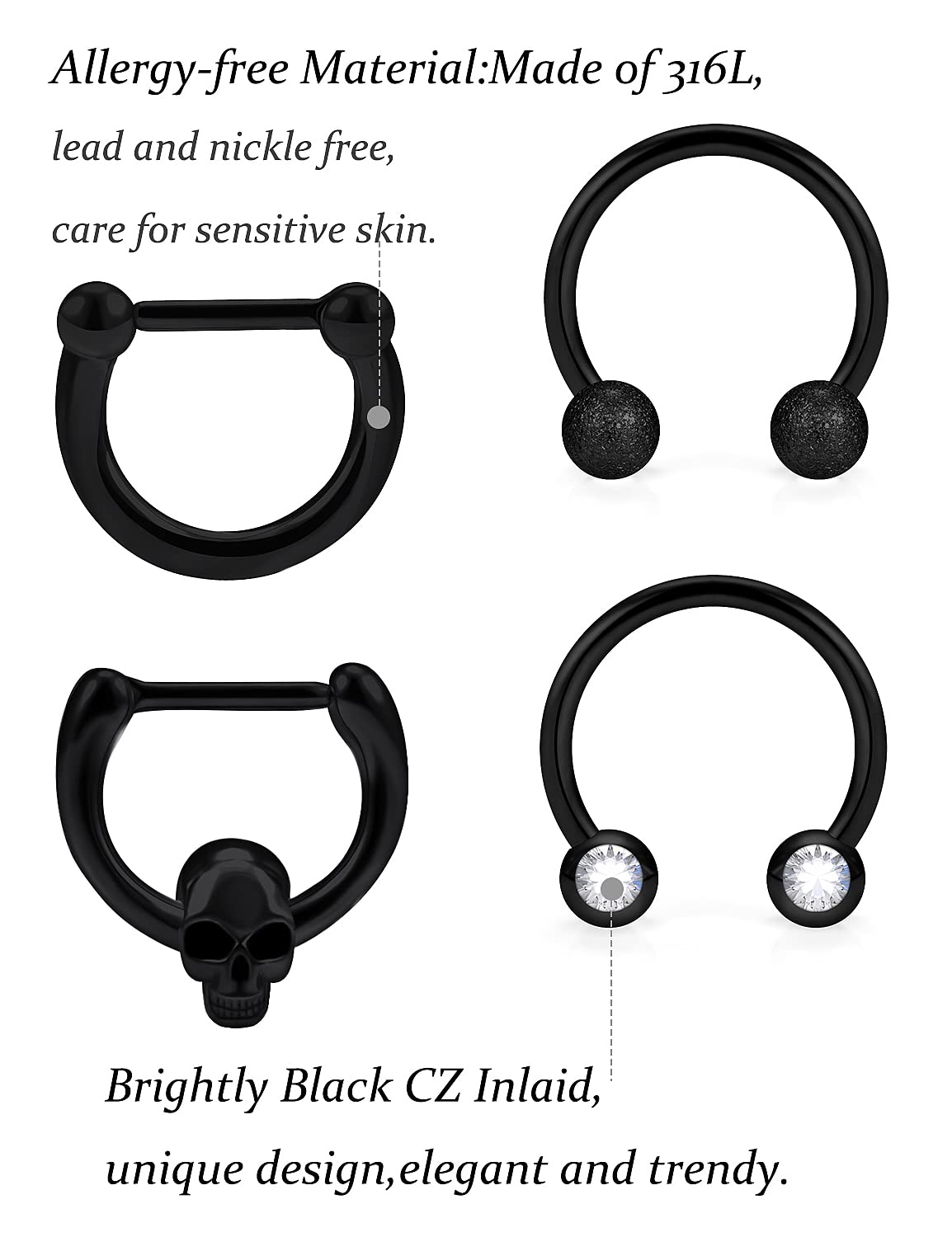 Vsnnsns 16G Septum Jewelry Septum Ring Piercing Jewelry Septum Clicker Ring and Horseshoe Barbell Stainless Steel Captive Bead Ring Septum Nose Rings Hoop for Men Women Black 10mm 12pcs