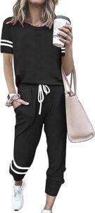 prettygarden women summer two piece outfits striped short sleeve pullover and long pants tracksuit travel pajama lounge set (black,xx-large)