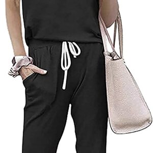 PRETTYGARDEN Women Summer Two Piece Outfits Striped Short Sleeve Pullover and Long Pants Tracksuit Travel Pajama Lounge Set (Black,XX-Large)