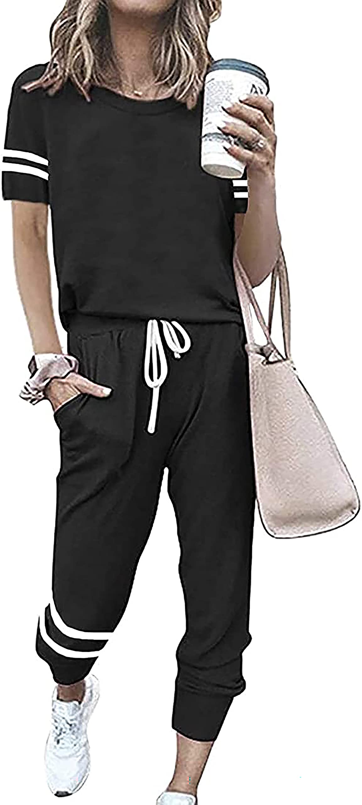 PRETTYGARDEN Women Summer Two Piece Outfits Striped Short Sleeve Pullover and Long Pants Tracksuit Travel Pajama Lounge Set (Black,XX-Large)