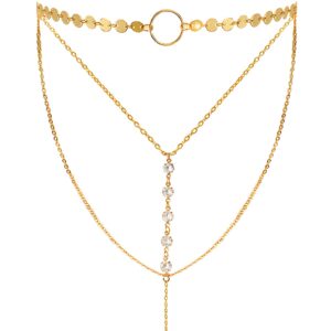 suyi stylish layered sequins choker necklace with thin long chain pendant for women lady (crystal gold)